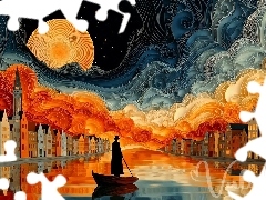 Układanka: Rzeka, Grafika AI, Mężczyzna, Księżyc, Łódka, Domy - puzzle ...